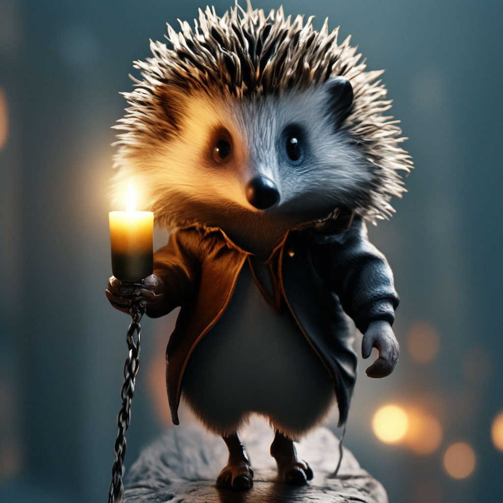 "Thick fog, anthropomorphic hedgehog with a candle walks a tightrope in ...