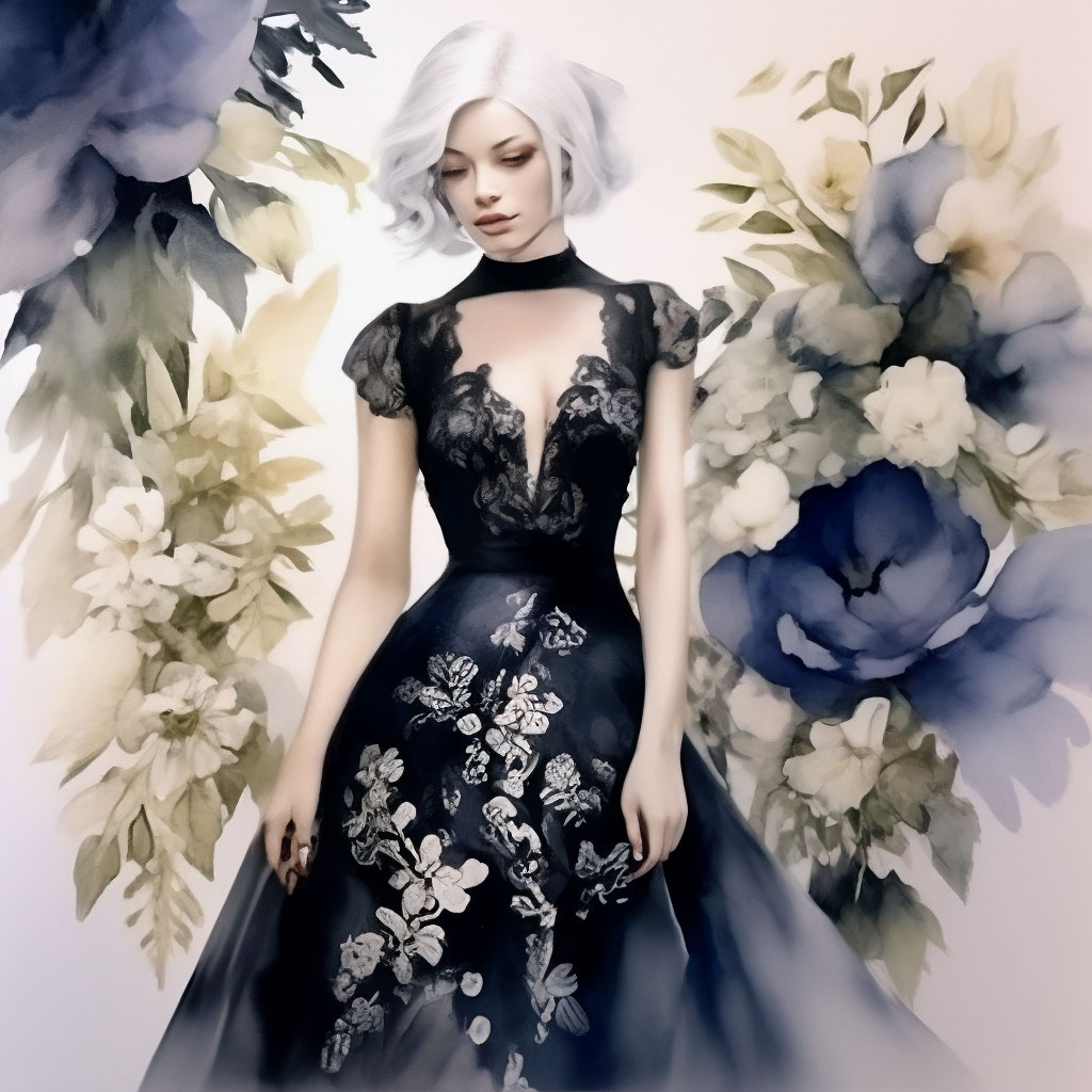 "Watercolor full-length girl, very short, white hair, elegant, black ...