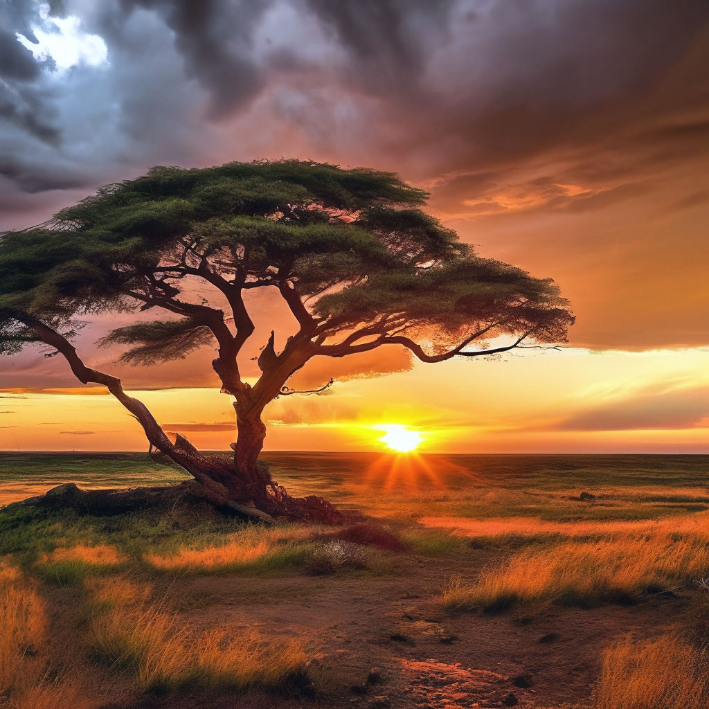 "Sunset over the savannah a sprawling tree against the background of ...