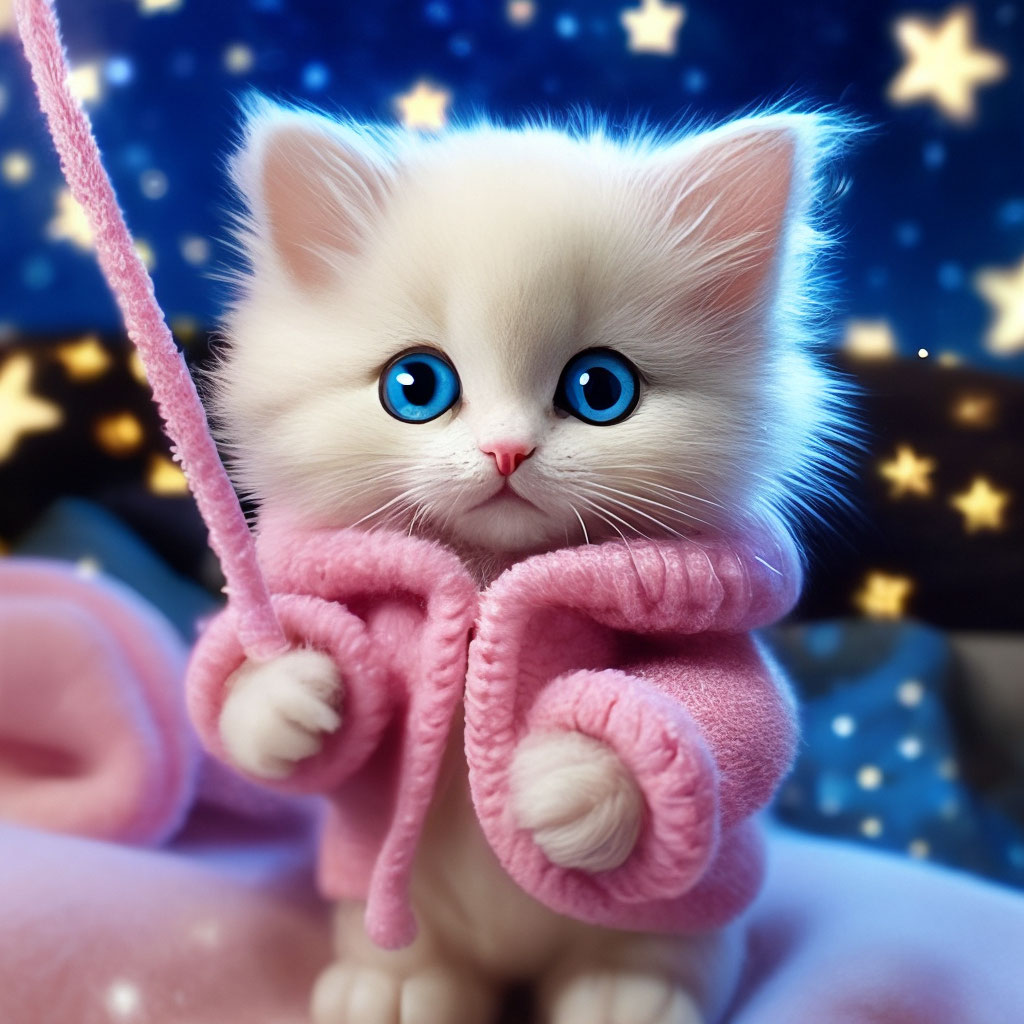 "Realistic tiny fluffy baby cream cat on her nails,holding a magic wand ...