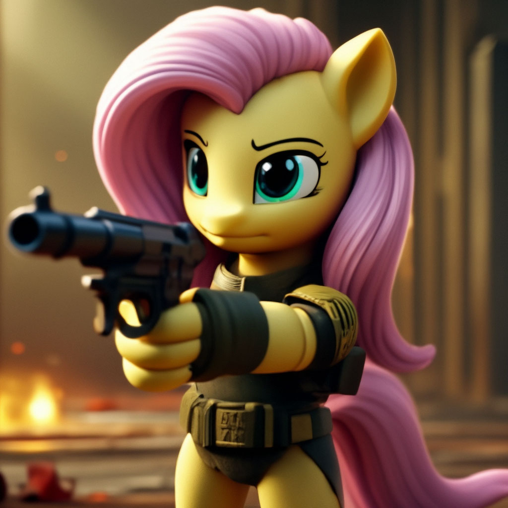"Fluttershy, pony, gun with silencer" — image created in Shedevrum
