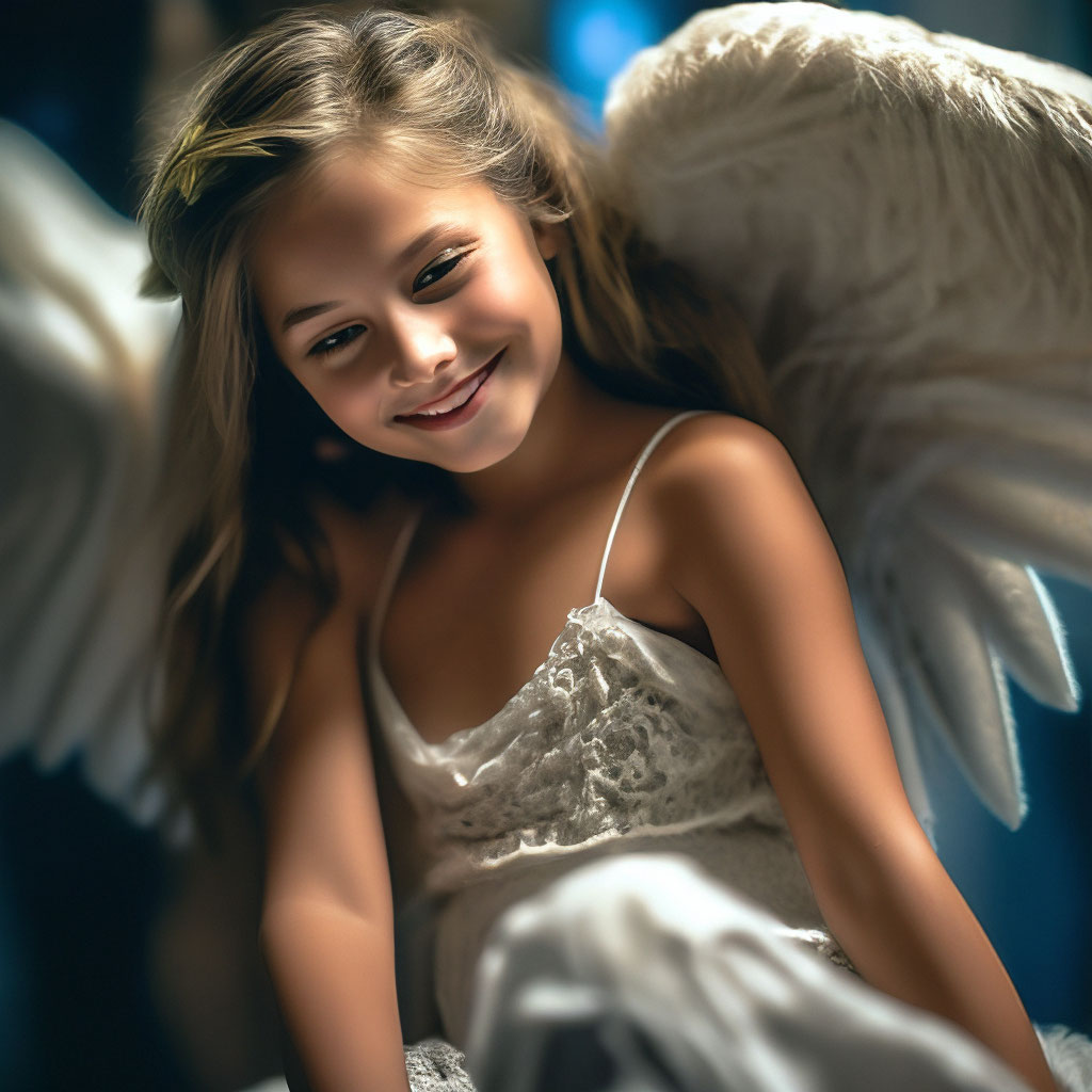 "A macro photo of a [An beautiful angel girl sitting on the tip of a ...