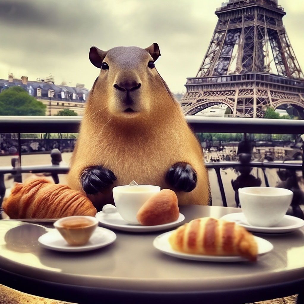 "A capybara in Paris eats croissants and drinks coffee" — image created ...