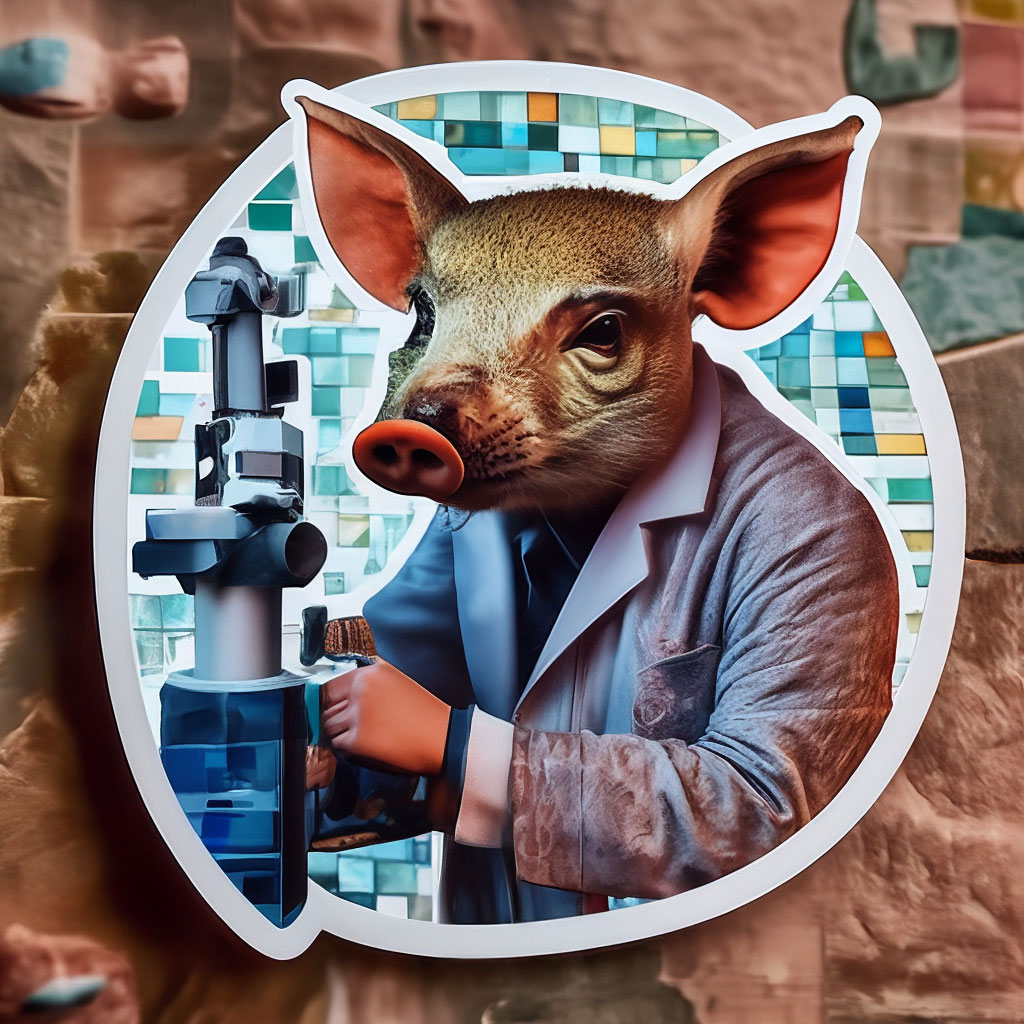 "Collage. Sticker. Mutant scientist with a boar's head behind a ...