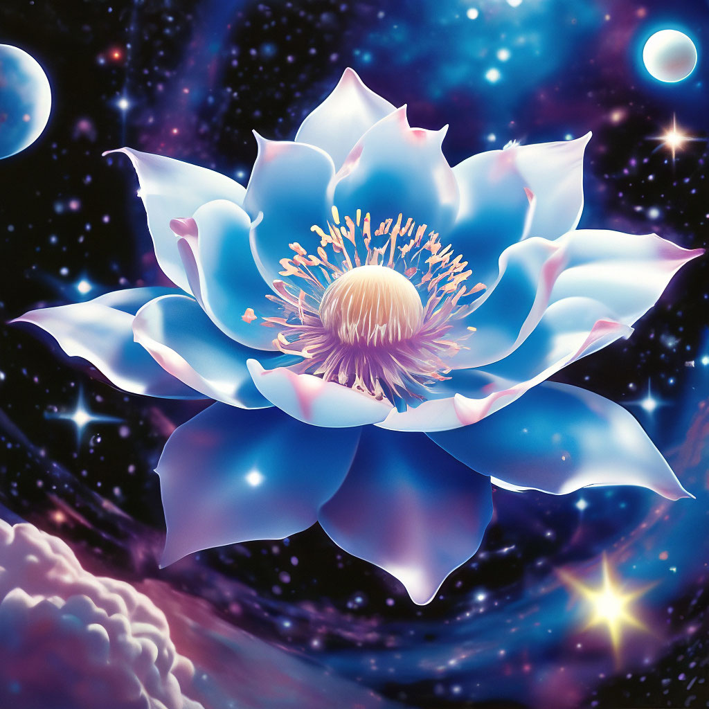 "In deep space, a magnificent moon flower blooms. Its delicate petals ...