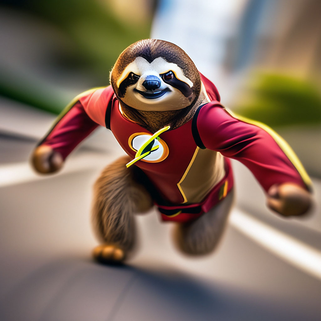 "Anthropomorphic Sloth cosplays Flash (The Flash), runs to help, speed ...