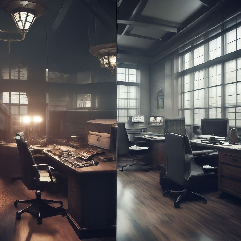 "The Soviet office versus the modern one, the image is divided, 50/50 ...