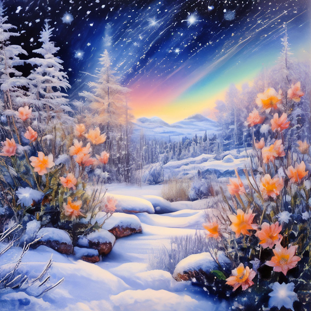 "Drawing with colored pencils, winter time, snow falling, flowers in ...