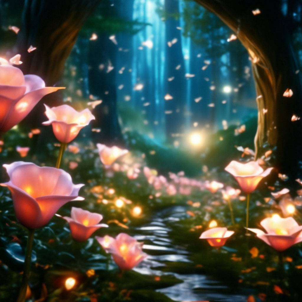 "Fantasy forest, flowers, birds, glare, fireflies . fairy tale cartoon ...