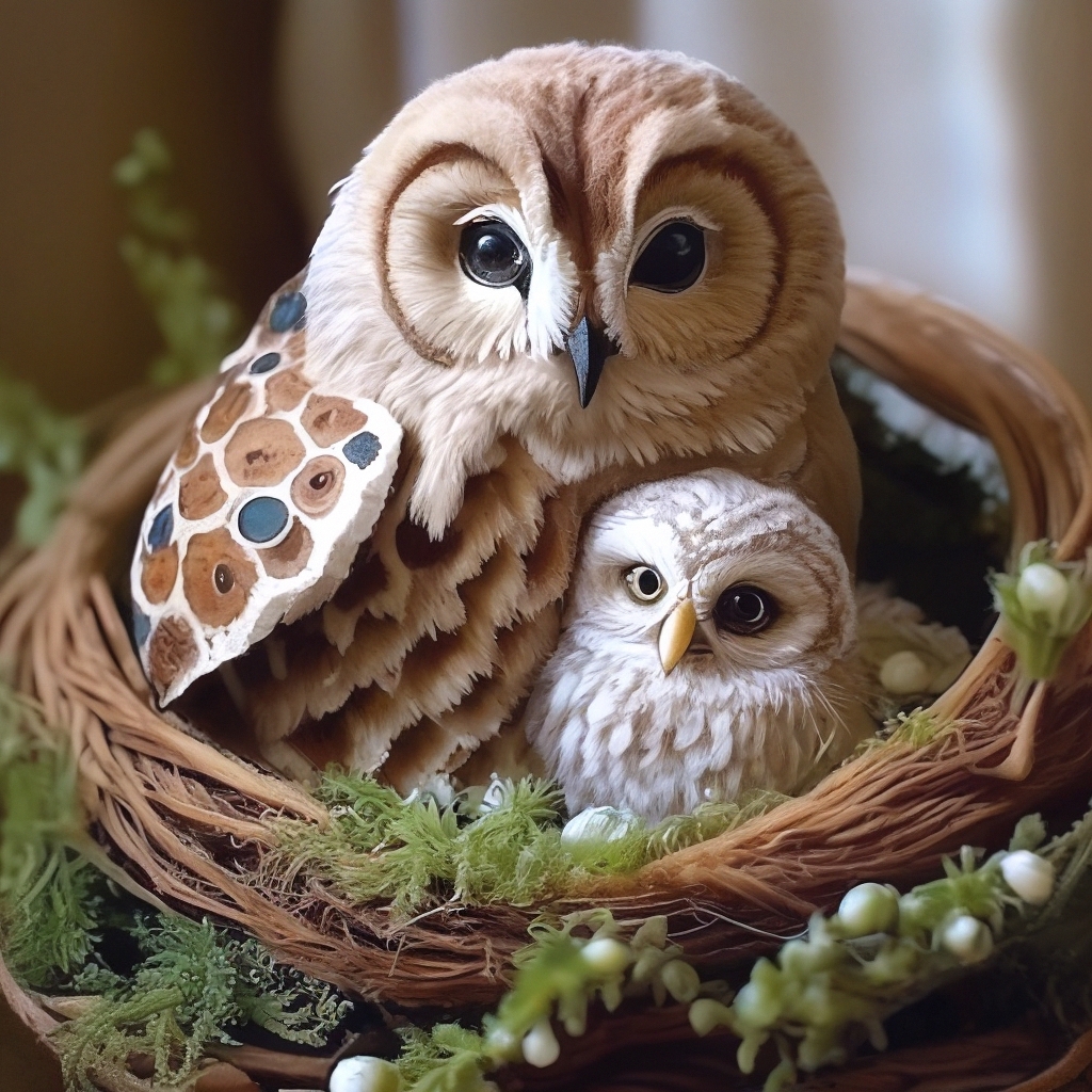 "A kind, sweet, very gentle owl with a small owl, embraces with a wing ...