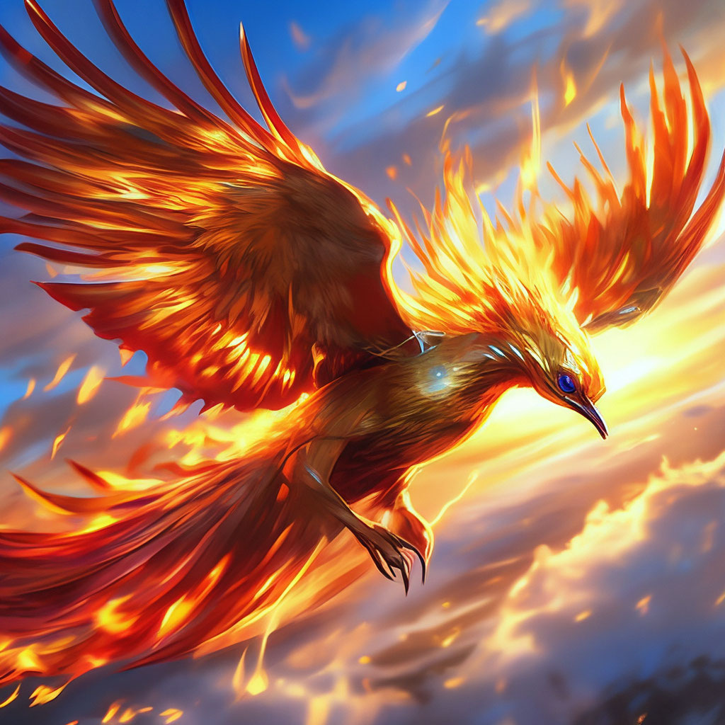 "Firebird, in flight,golden feathers, red-winged,wings like flames,eyes ...