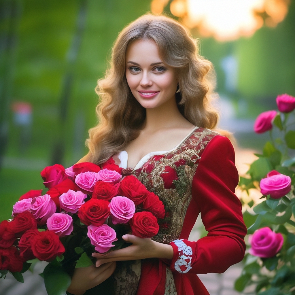 "Russian beauty russia holds roses" — image created in Shedevrum