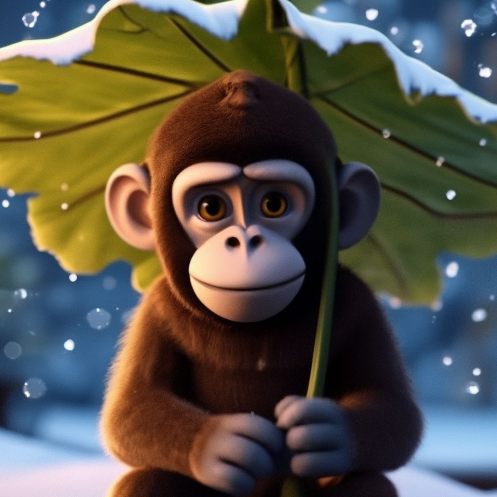 "Cartoon creep monkey sitting under a big leaf, it's snowing ...