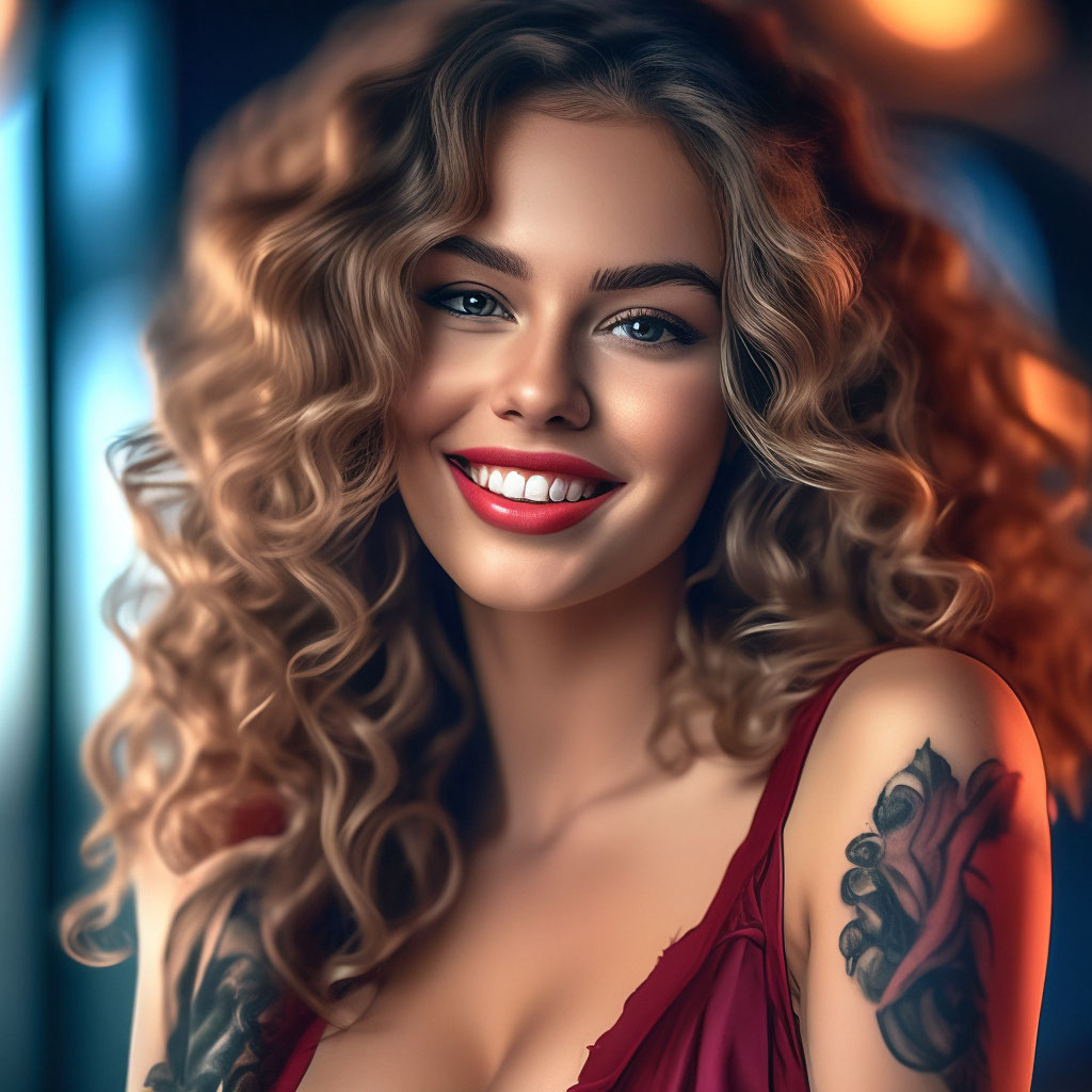 "Professional photo, seductive girl,cheekily smiling, long curly hair ...