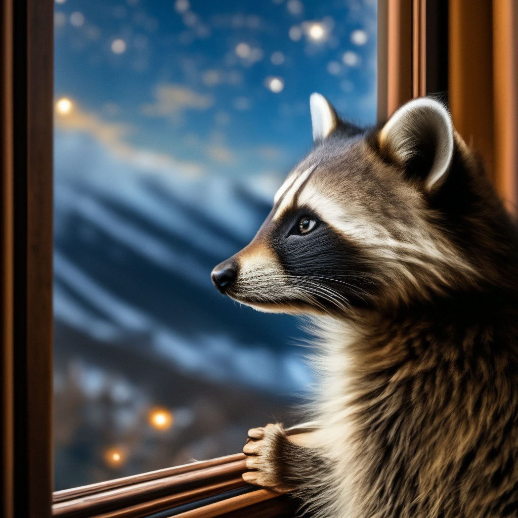 "Fluffy cute little raccoon looks out the window, sits completely with ...