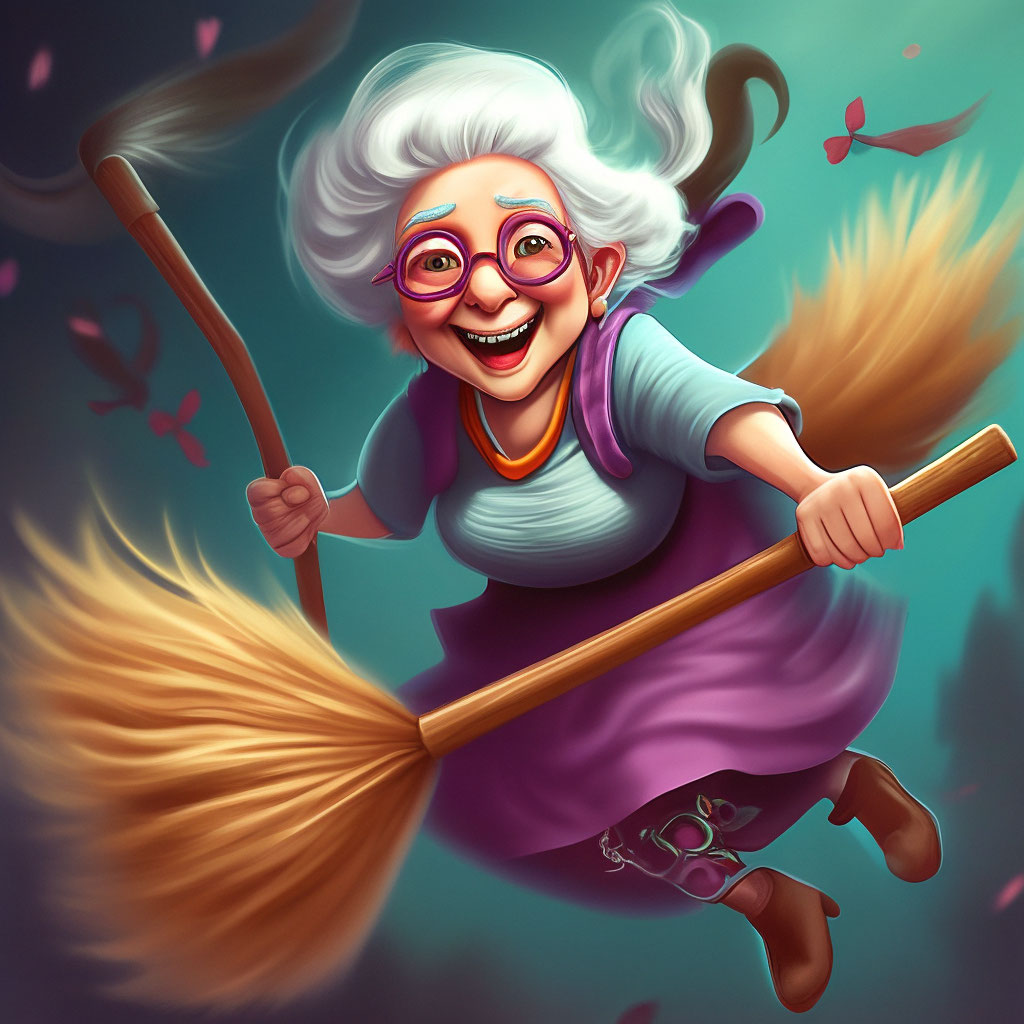 "Crazy funny granny on a broom" — image created in Shedevrum