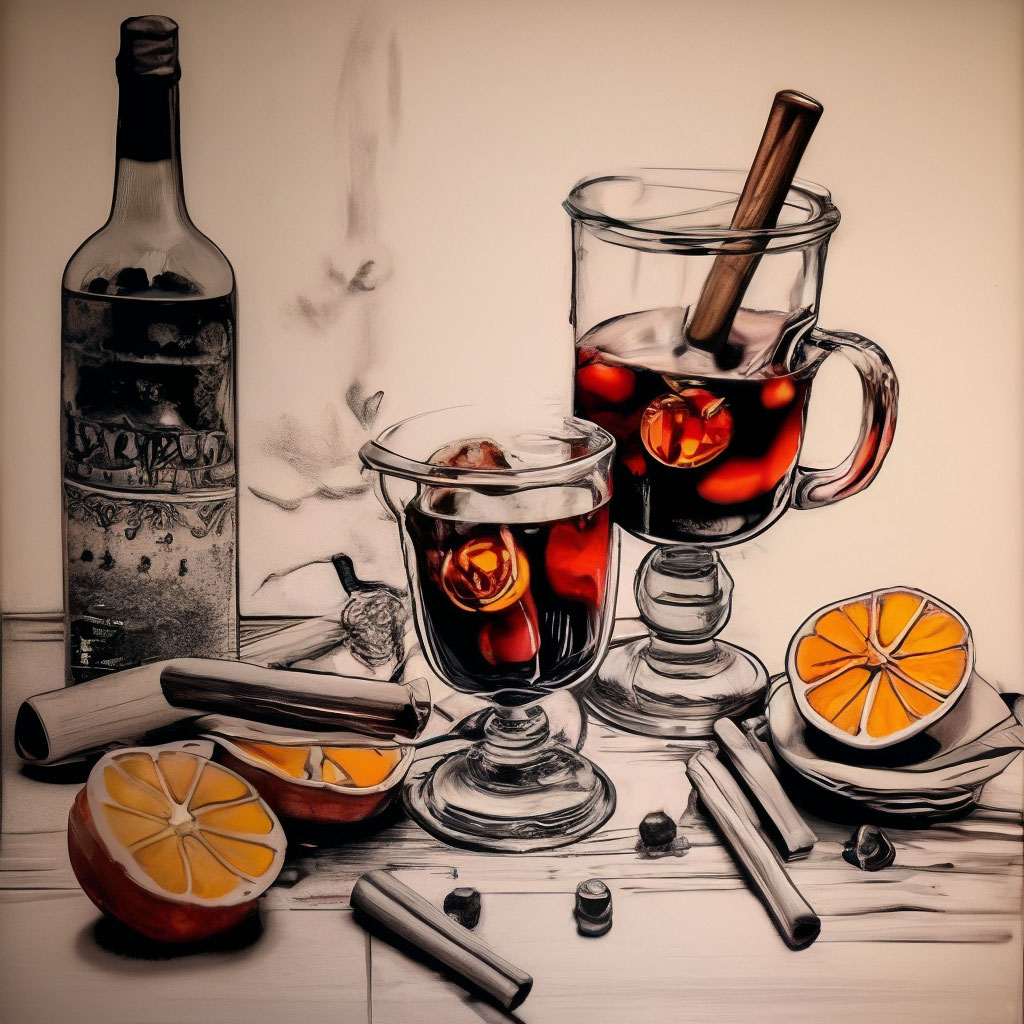 "Mulled wine set still life,double exposure ink drawing" — image ...