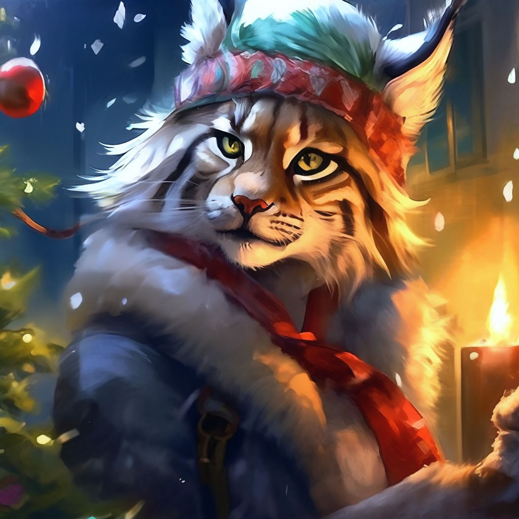 "For @Spanking Lynx, floppa, in a New Year's hat, next to a Christmas ...