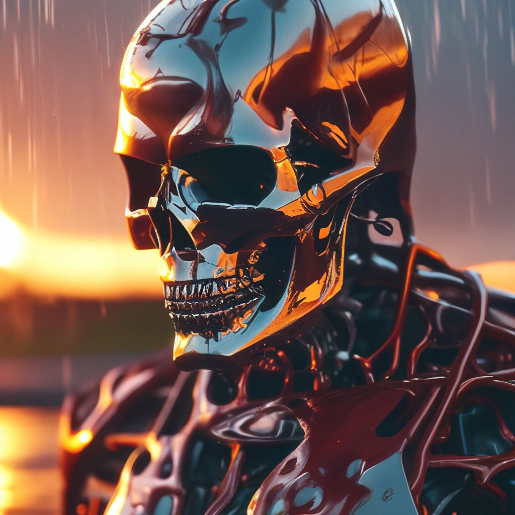 "Terminator in burgundy liquid,gothic noir,rain, rusty metal,high ...