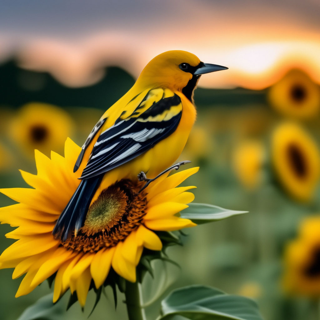 "A bright yellow bird It sits on sunflowers So similar in color She ...