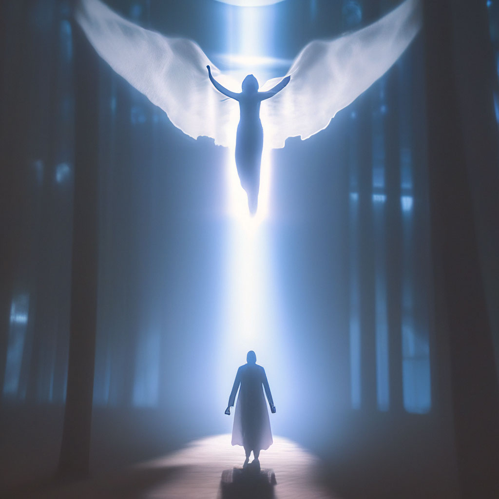 "A ghost man is walking, a beautiful angel is flying next to him ...