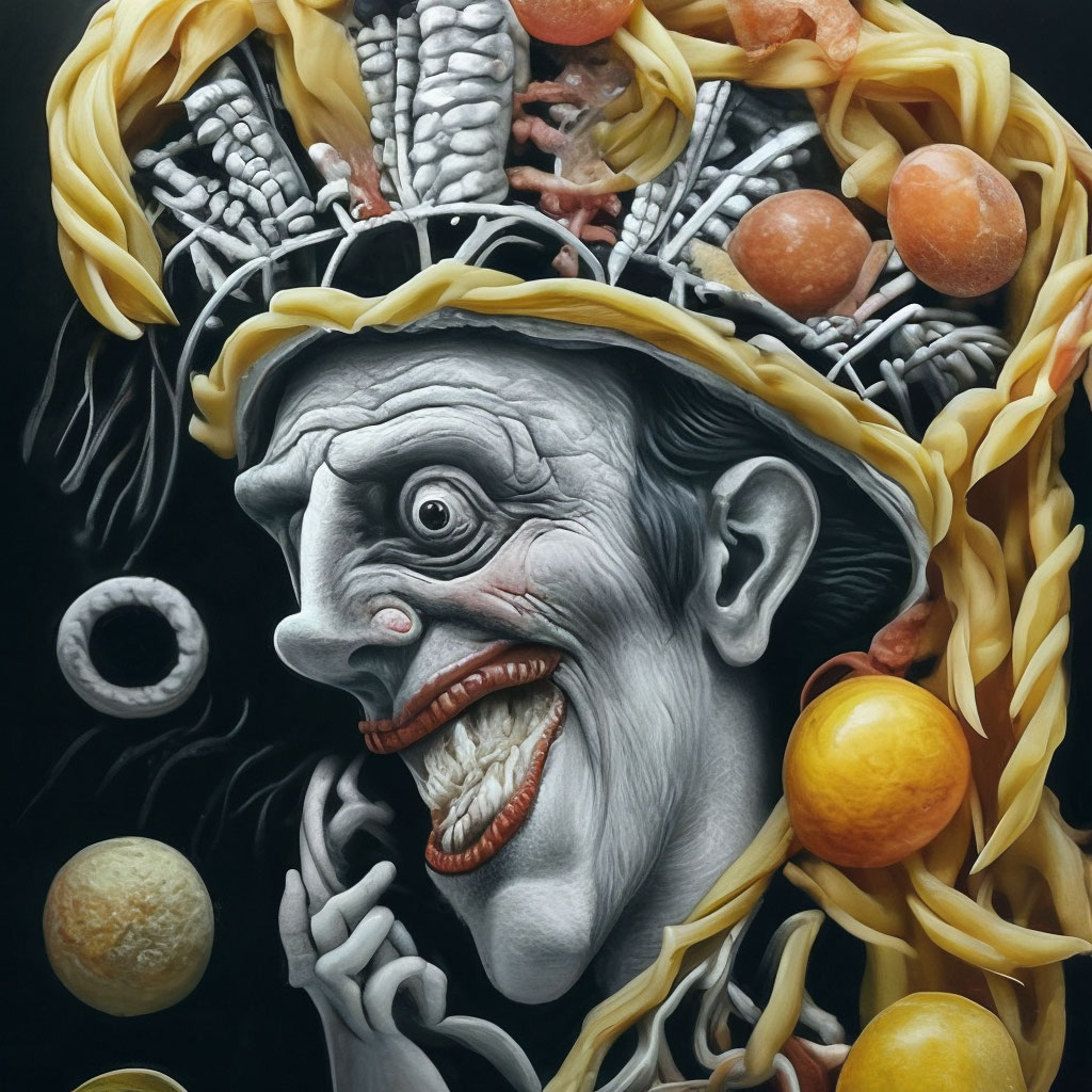 "Goya pasta grotesque, horror in Breton style, 5d, surrealism, black ...