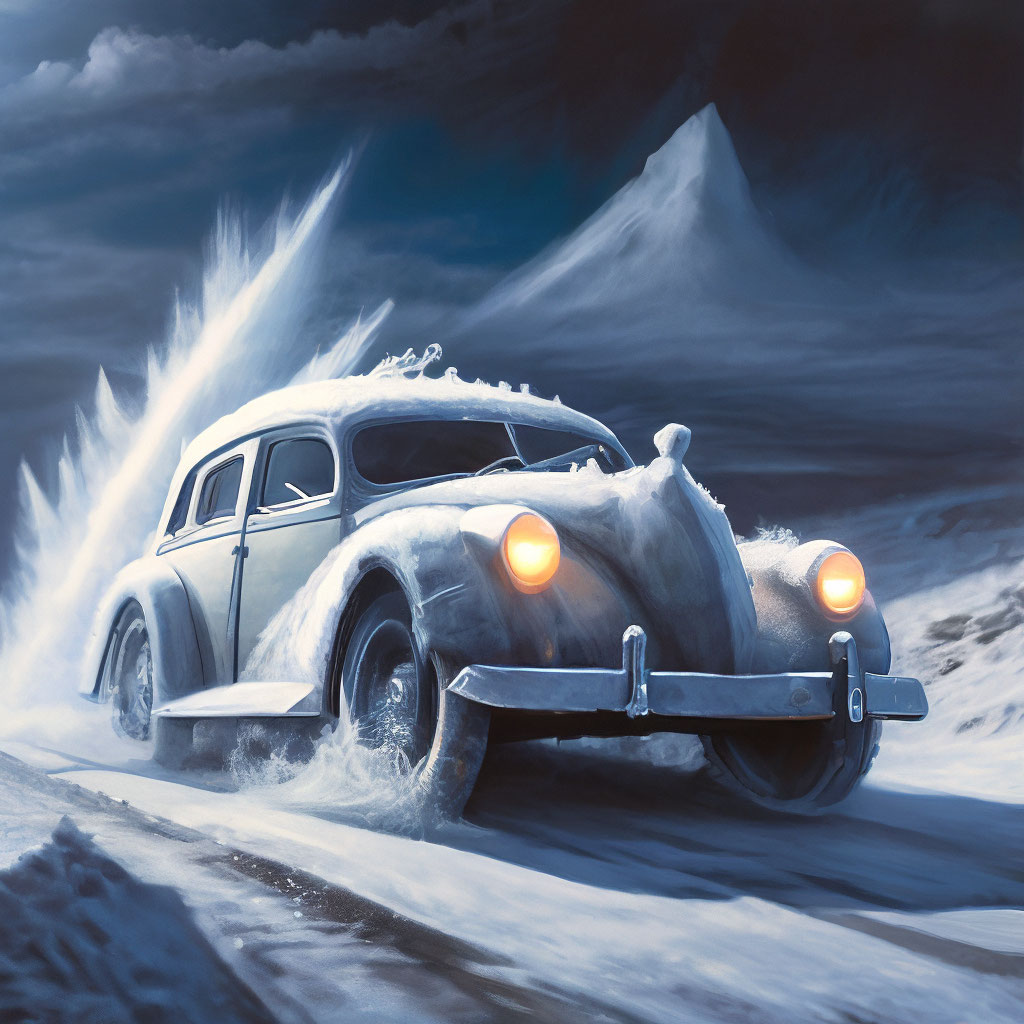 "Frost driving a frosty car" — image created in Shedevrum