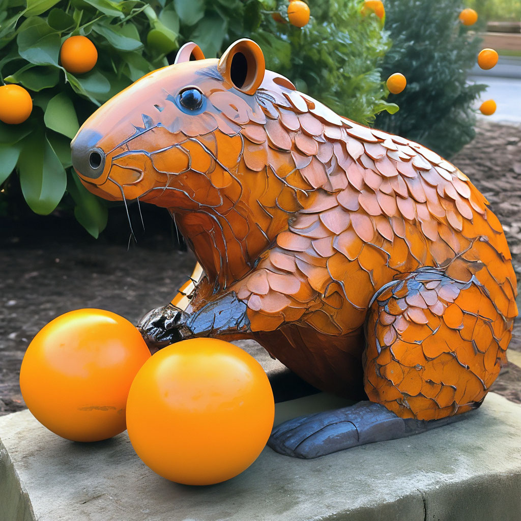 "Metal capybara eats oranges" — image created in Shedevrum