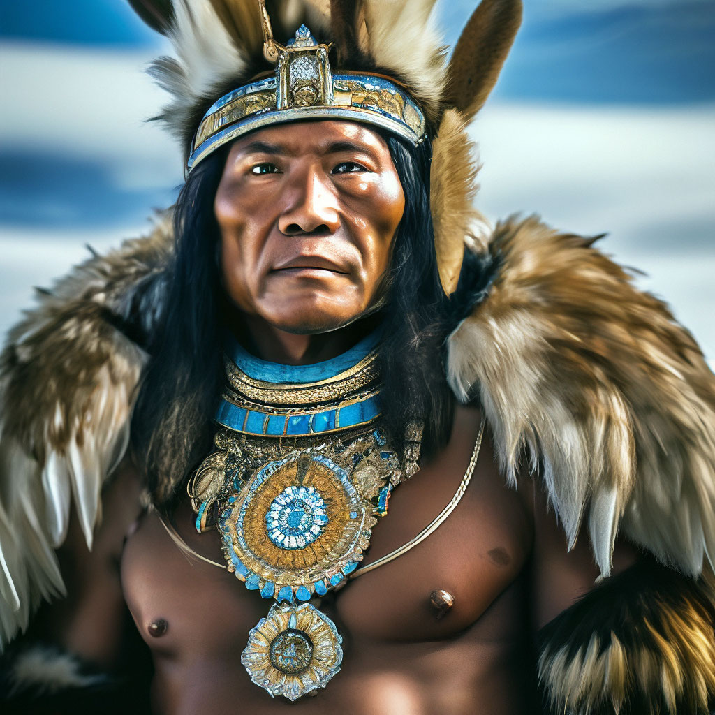 "Ancient Eskimo Inuit warrior, beautiful, feathers, gold, gems ...