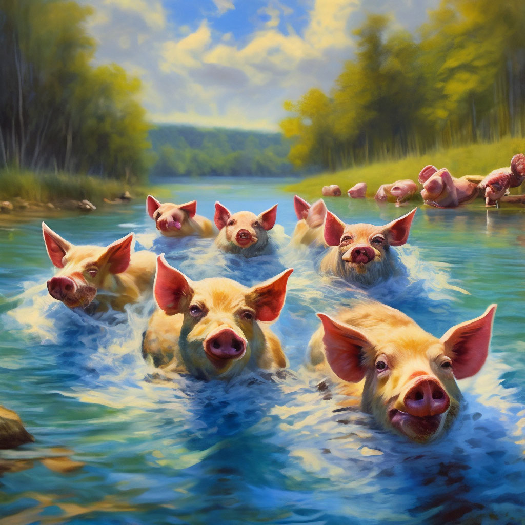 "Pigs swim across the river" — image created in Shedevrum
