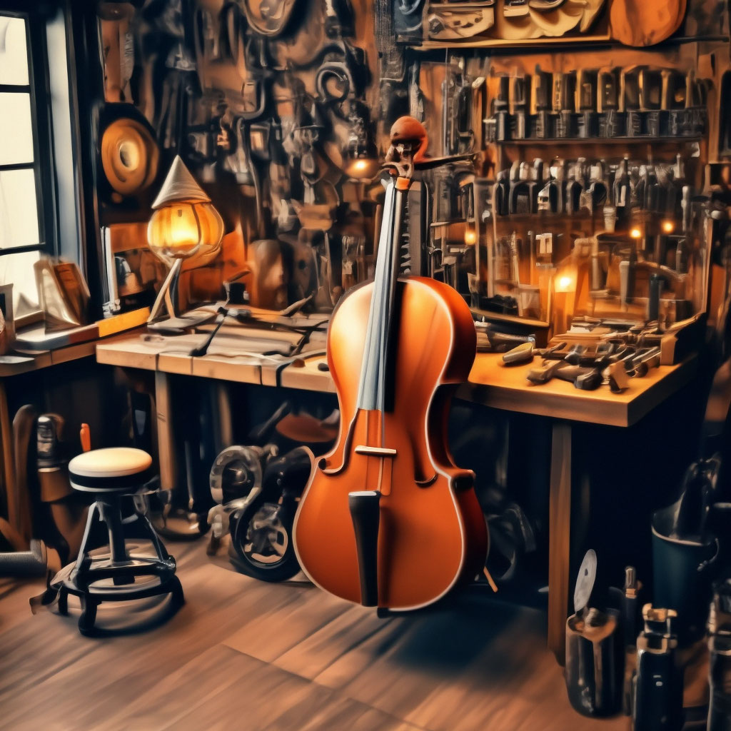"Cello repair shop, electronic workbench workshop, steampunk" — image ...