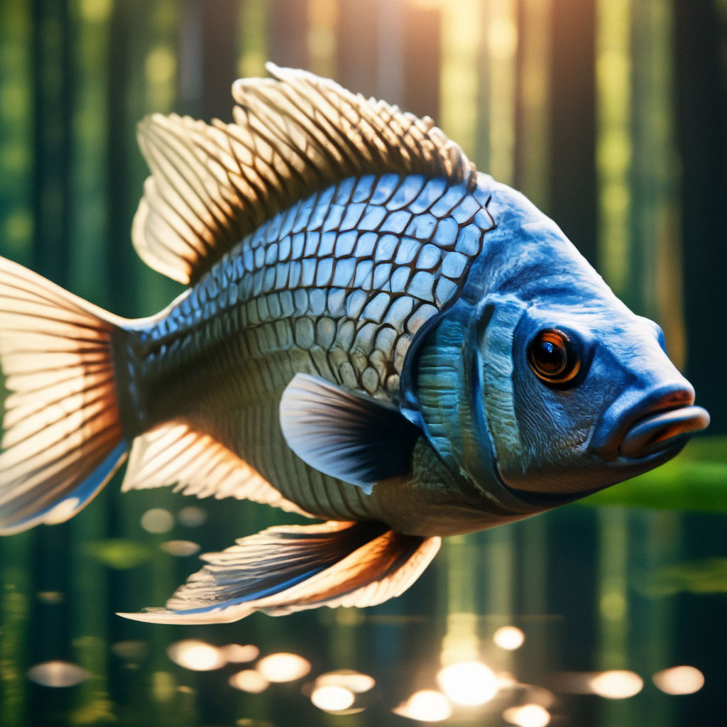 "A mystical fish with large gray scales swims close-up against the ...