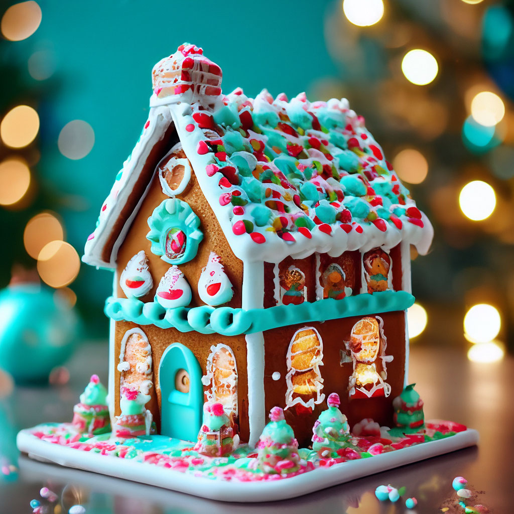 "Sweet gingerbread house, New Year's mood, stands under the decorations ...