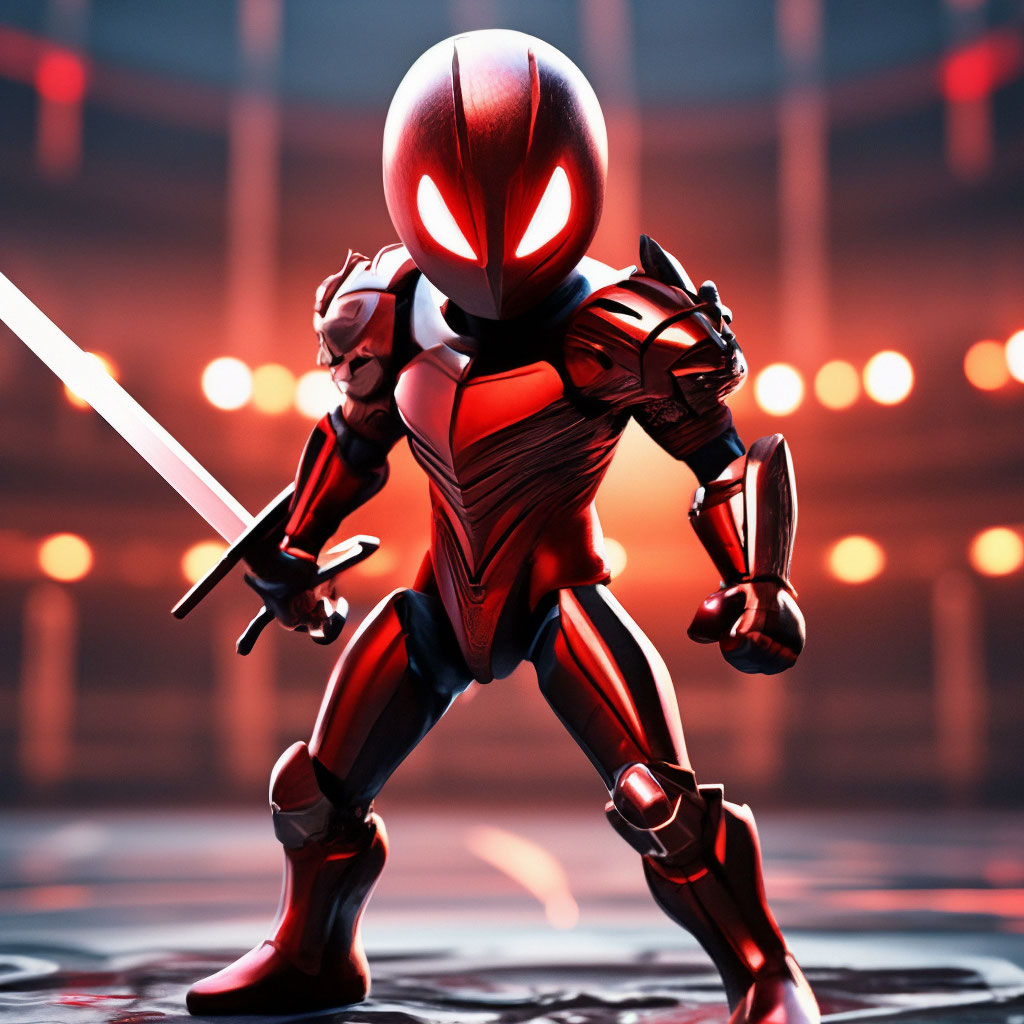 "Red stickman in a fighting pose, standing in the arena, with a sword ...