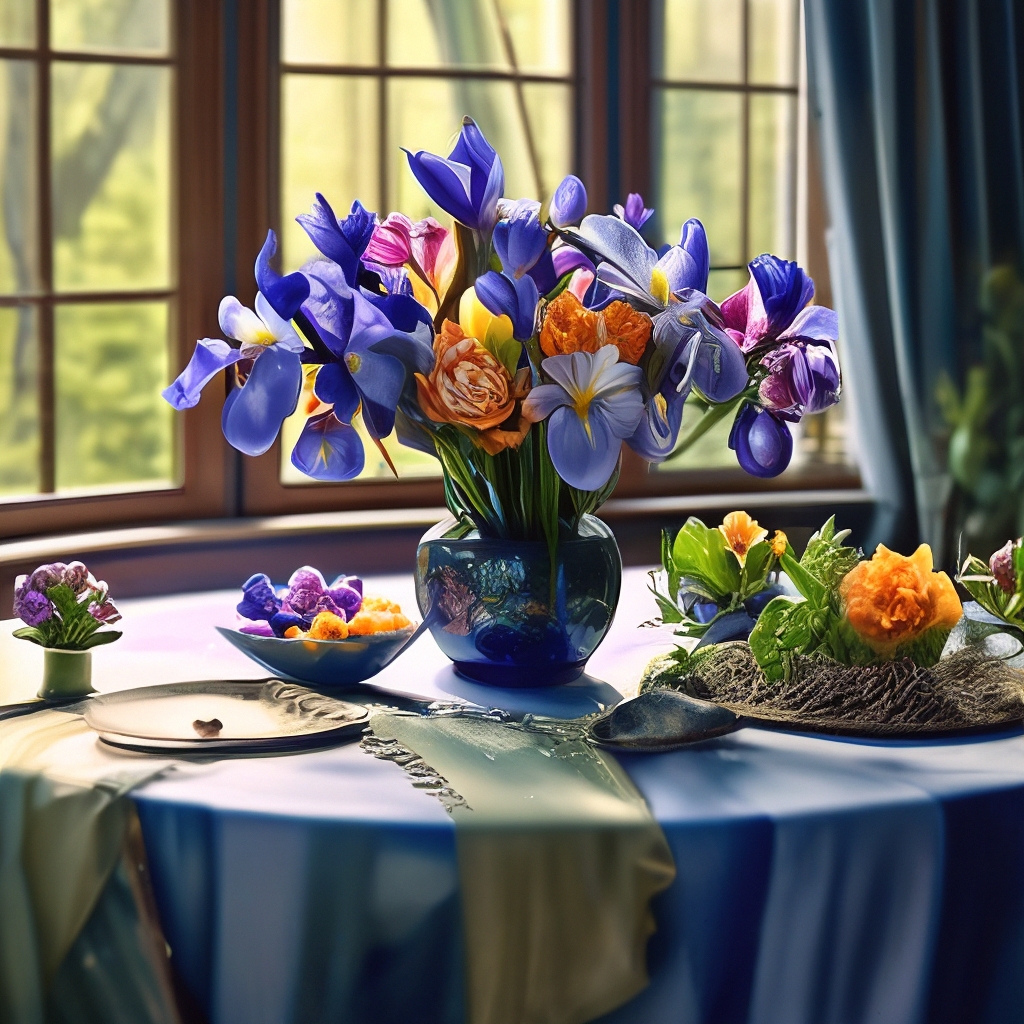 "Open window, round table, tablecloth, forest, bouquet of flowers ...