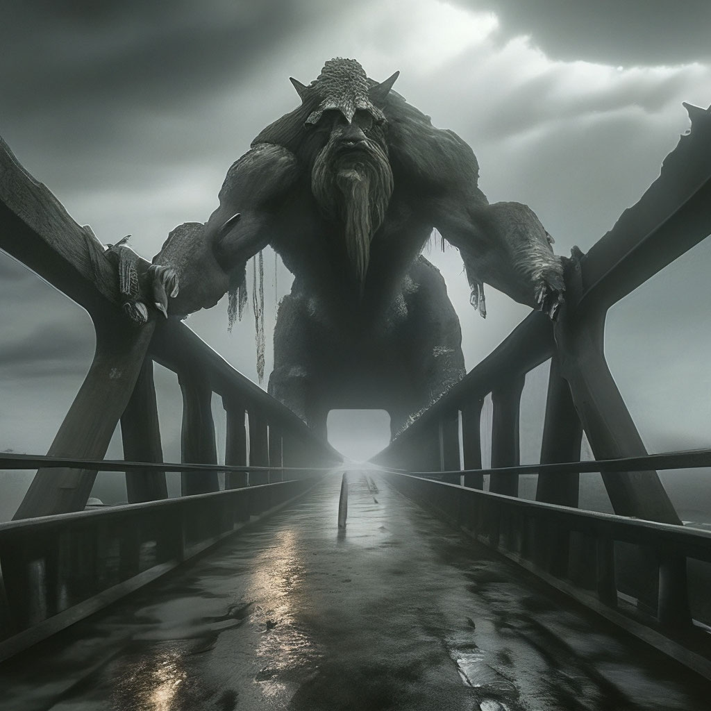 "The troll descends from the bridge...gothic,HDR10+,hyperrealism ...