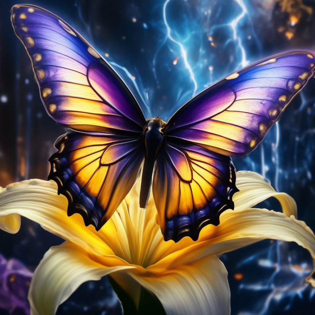 "A luminous butterfly with lightning bolts in its wings and body sits ...