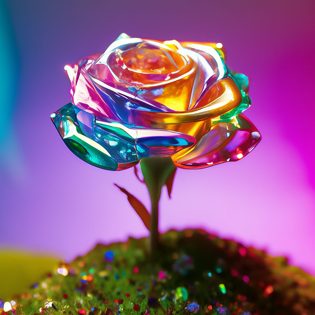 "Diamond translucent rainbow rose on a mound" — image created in Shedevrum