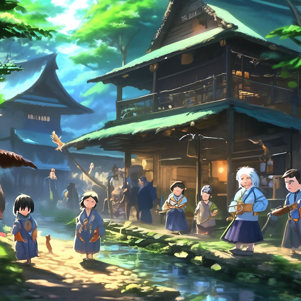 "Japanese spirits in the forest in the village in the style of M ...
