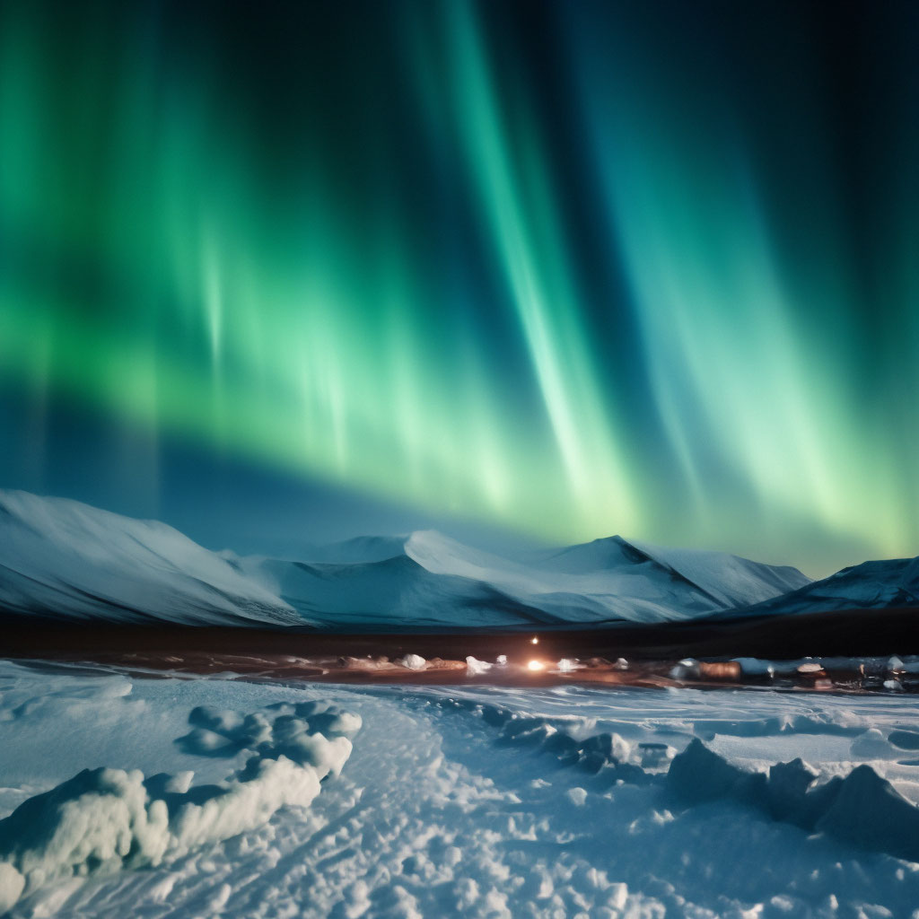 "Northern lights, lots of snow, ice, arctic circle, glitter, streaks ...