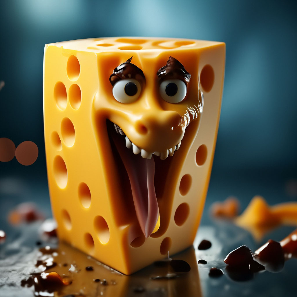 "A piece of cheese with a round squint shows a long tongue ...