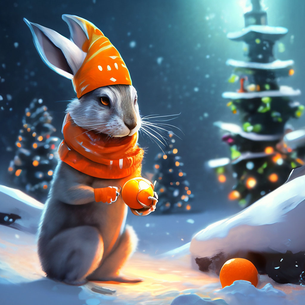 "A cinematic plot. a snowflake, a Christmas tree, a gray hare in a red ...