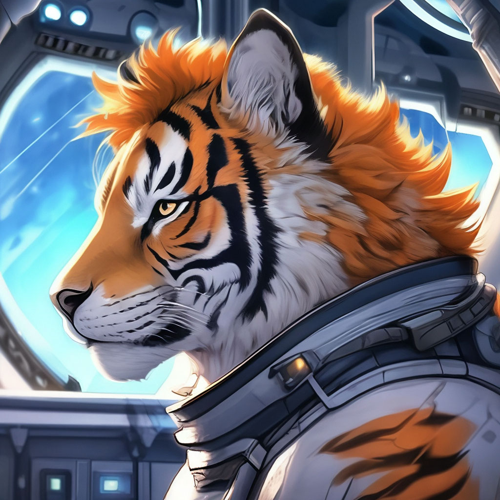 "Furry, male, tiger-wolf, short hairstyle, detailed fur, space station ...