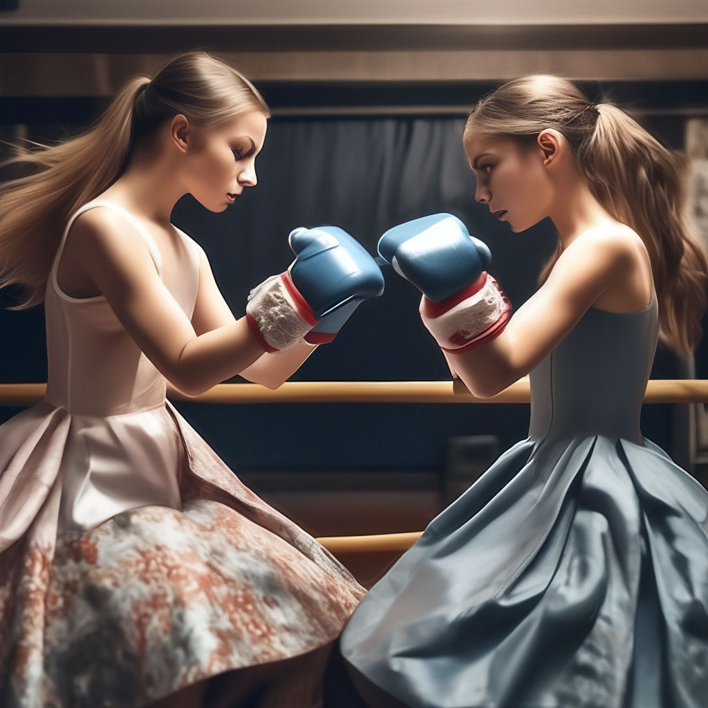 "Two girls in Dresses are fighting with their fists, a man is sitting ...