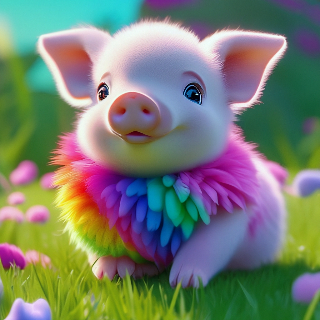 "A detailed Mega fluffy cute piglet in a fluffy rainbow vest, against a ...