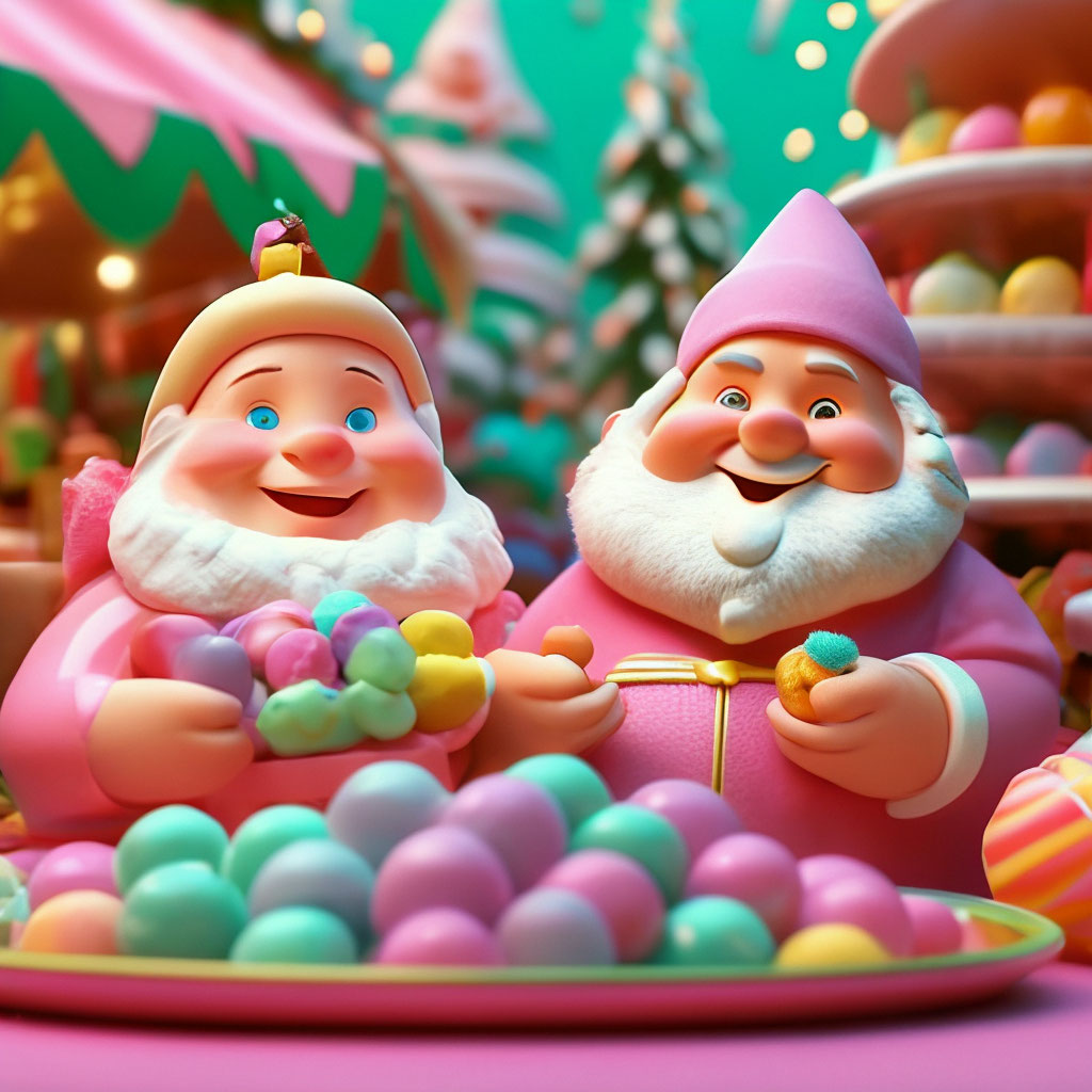 "Fat mermaid and gnome eating candy at Christmas market, close-up of ...
