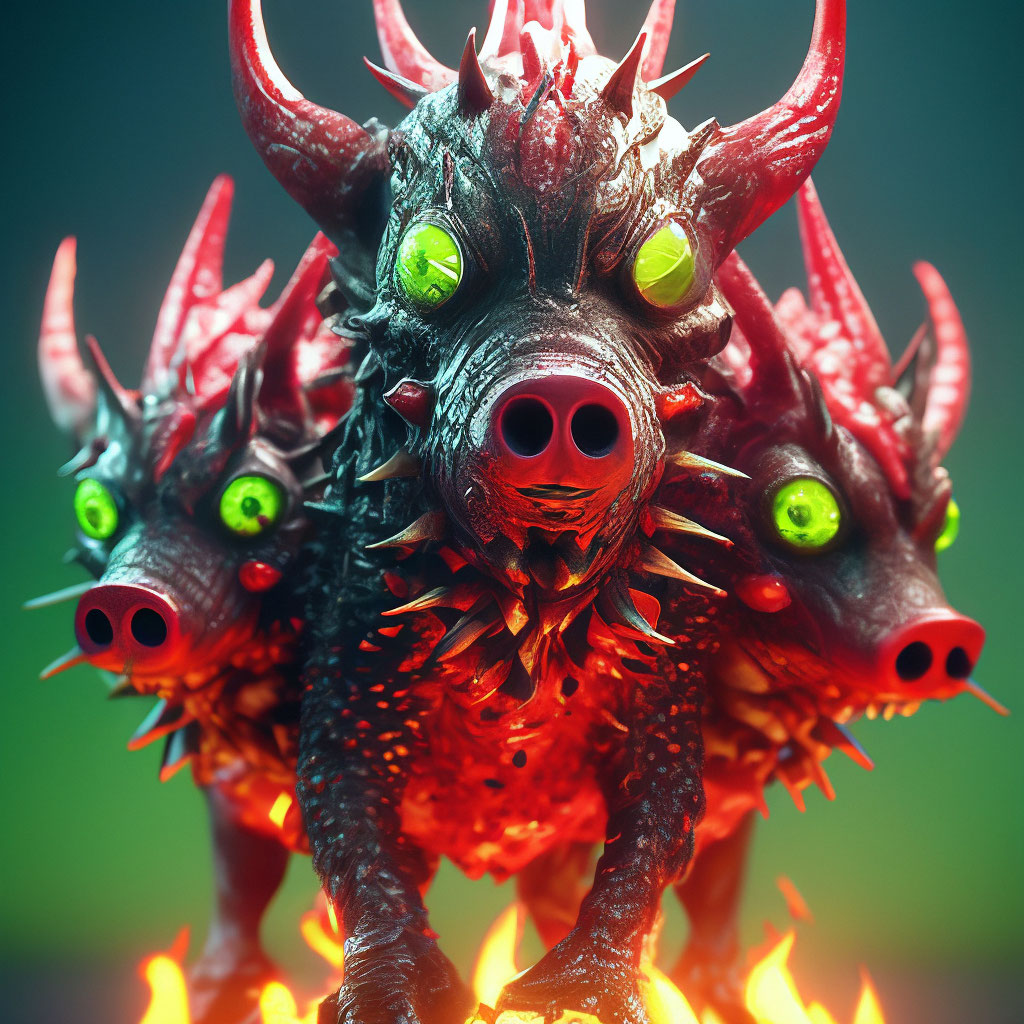 "A three-headed creature. black and red, fire, acidic, body spikes, big ...