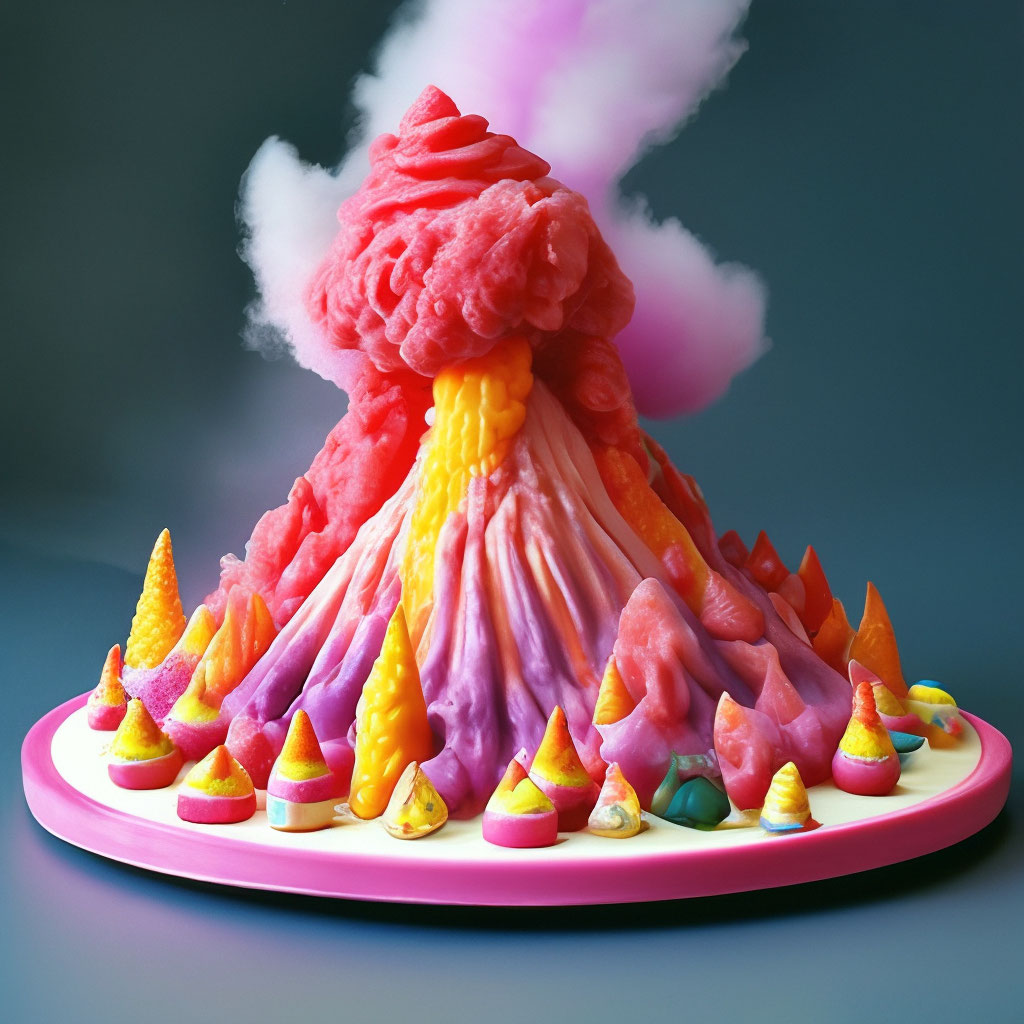 "The volcano is spewing candy" — image created in Shedevrum