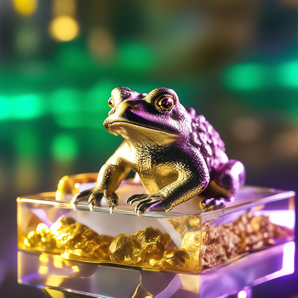 "A statuette of a cute glamorous toad in a pyramid, a transparent gel ...