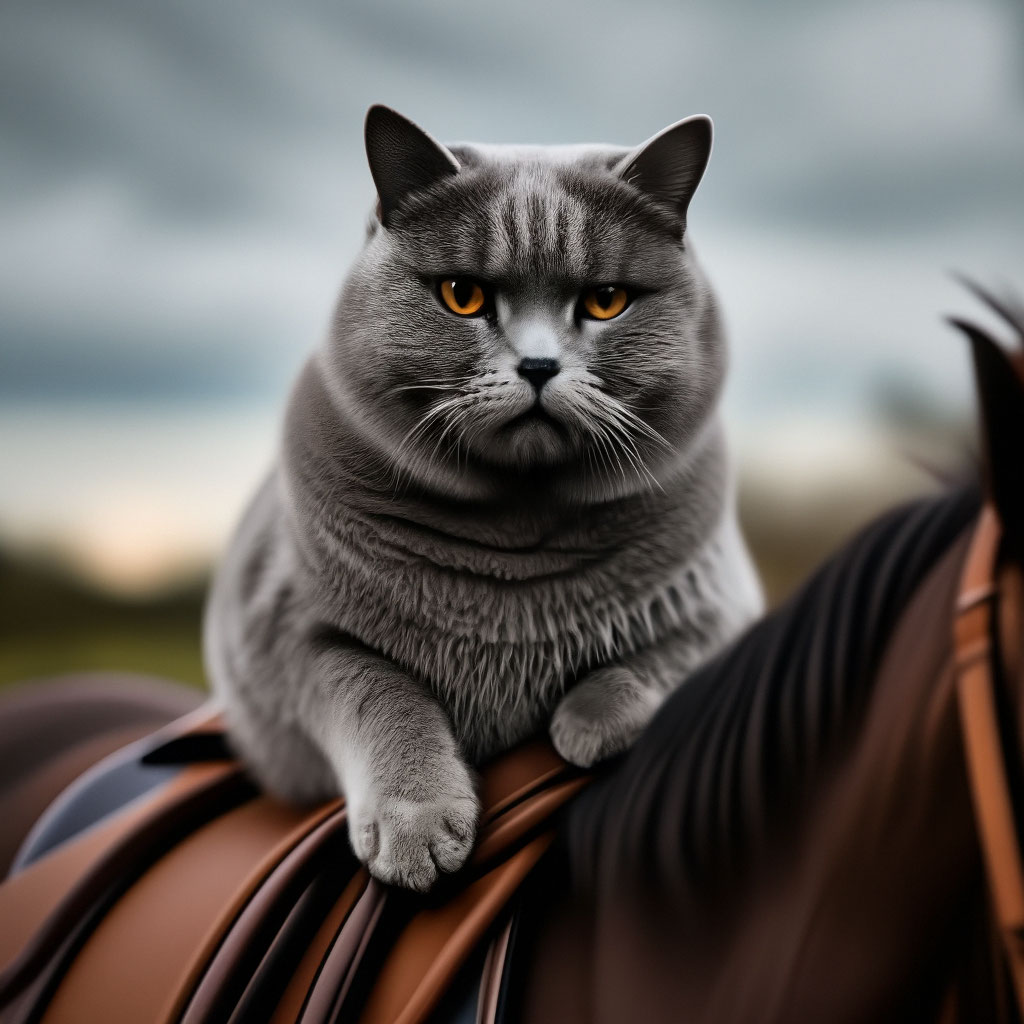 "A fat grey British cat on a horse" — image created in Shedevrum